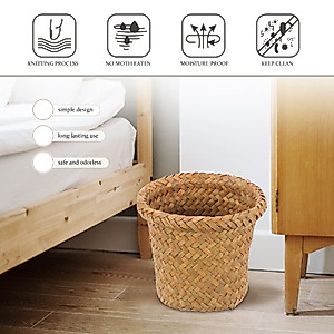 Operitacx Wicker Trash Basket Natural Woven Trash Bin Seagrass Waste Basket Round Trash Baskets Garbage Bin Basket Organizer Bedroom Offices Decoration Office Accessories