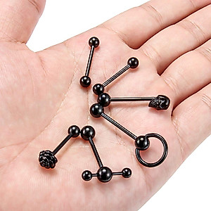 SCERRING 6PCS 14G Stainless Steel Rose Skull Door Lock Tongue Teaser Double Barbell with Slave Ring Nippleings Ring Body Piercing Jewelry Black