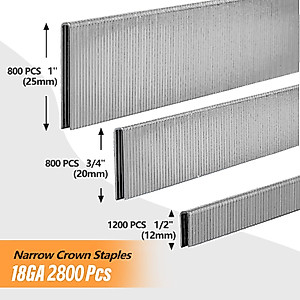SITLDY 2800-Count 18 Gauge 1/4" Narrow Crown Staples 1/2"-1200, 3/4"-800, 1"-800, Heavy Duty Galvanized, Assorted Size Project Pack, for Pneumatic, Electric Stapler (Silver)