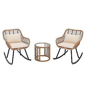 JOIVI Outdoor Furniture Rocking Chairs Set, 3 Piece Wicker Patio Rocking Chairs and Side Table Set, Outdoor Bistro Conversation Set for Porch, Balcony, Poolside, Yard, White Cushions