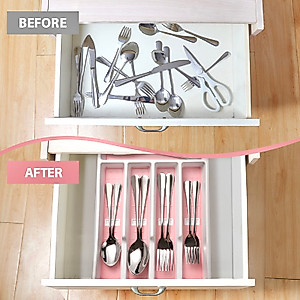 Joequality Silverware Organizer with Icons，Plastic Cutlery silverware Tray for Drawer，Utensil Flatware Tableware Organizer for Kitchen with Non-slip TPR,Fits Standard Drawer,5-Compartment,Pink