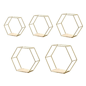 MYCENSE 5Pcs Hexagon Iron Wall Shelves Floating Shelf, Bathroom Wall Decoration Organizer, Storage Rack for Books Artworks Display, Golden