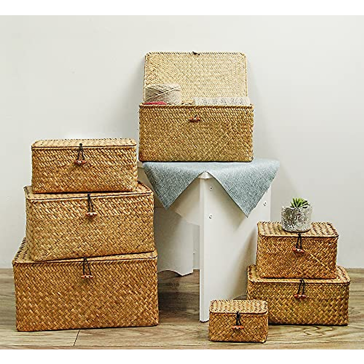 FEILANDUO 5Pcs Wicker Baskets with Lids Seagrass Woven Storage Baskets Boxes for Shelves Organizer Boho Home Decor