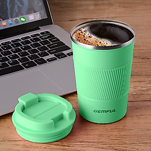 GEMFUL To Go Coffee Mug with Lid 13 oz Insulated Cups Spill Proof Travel Tumbler Leak Proof Vacuum Stainless Steel Reusable for Hot Cold Drinks Women Men (Green)