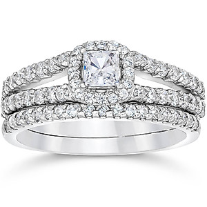 1 Carat Princess Cut Diamond Halo Engagement Wedding Ring Set White Gold - Size 10