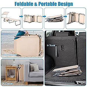 GYMAX Tanning Chair, Beach Lounge Chair with Canopy Sunshade, Carry Handle & Pocket, 5 Level Adjustable Layout Chaise Lounge for Outside, Folding Sunbath Chair for Outdoor, Patio, Poolside (1, Sand)