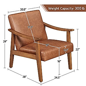 Yaheetech PU Leather Accent Chair, Mid-Century Modern Armchair with Solid Wood Legs, Reading Leisure Chair with High Back for Living Room Bedroom Waiting Room, Light Brown 1