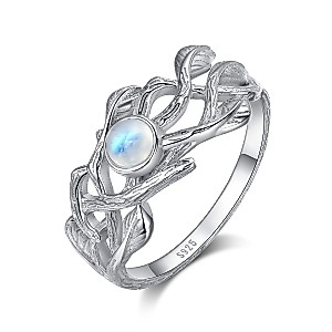 Angol Genuine Moonstone Ring Sterling Silver Leaf Moonstone Ring Statement Band Finger Minimalist Ring for Women with Gift Box (9)