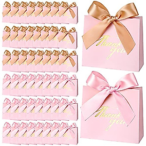 50 Pcs Small Thank You Gift Bags Mini Pink Valentine's Day Gift Bags with Bow Ribbon Paper Goodie Bags Bulk Party Favor Treat Box for Baby Bridal Shower Wedding (Pink, Gold, 4.5 x 1.8 x 4 In)