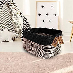 COMFY-HOMI Cotton Rope Square Basket With Handles for Shelves|Dog Toy Basket Bin and Storage|Baby Basket for Gift|Shoe Basket for Organizing|NEW 13.5" x 11" x 9.5" for Living Room（Black/Jute）