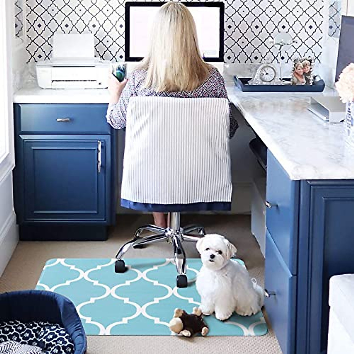 Carvapet Moroccan Trellis Kitchen Mat 2 PCS Cushioned Anti-Fatigue Kitchen Rug Waterproof Non-Slip Rugs PVC Ergonomic Comfort Standing Foam Mats for Office Laundry, Teal, 17.3''x27.5''+17.3''x47.2''