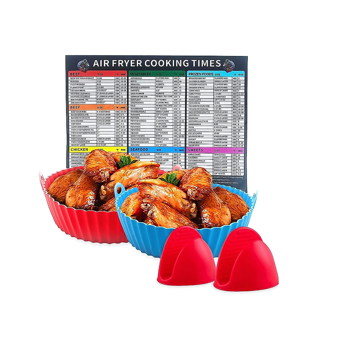 2 Pack Air Fryer Silicone Liners, Blue and Red Silicone Air Fryer Liner, Silicone Air Fryer Liners Reusable with Cooking Guide Times Sheet, Air Fryer Liners Silicone, Red Gloves