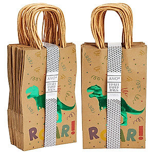 24 Pack Kraft Dinosaur Party Favor Bags with Handles for Kid's Birthday (6 x 9 In)
