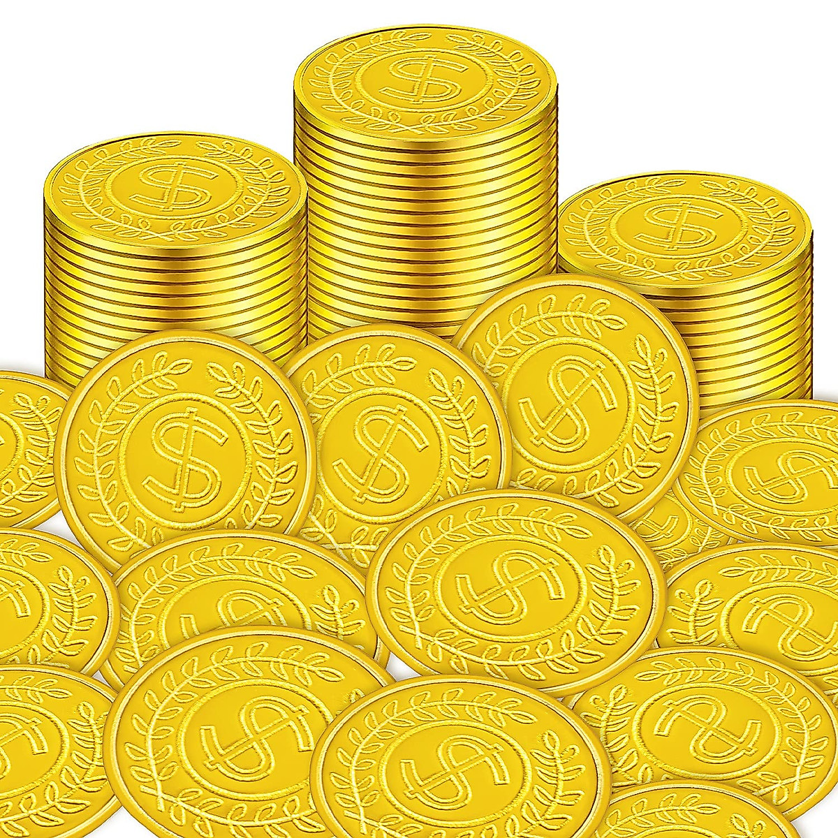 100 Count Plastic Gold Coins Set, Pirate Treasure Gold Play Coins for Kids Party Theme Props Decorations, Lucky Draw Games Treasure Hunt