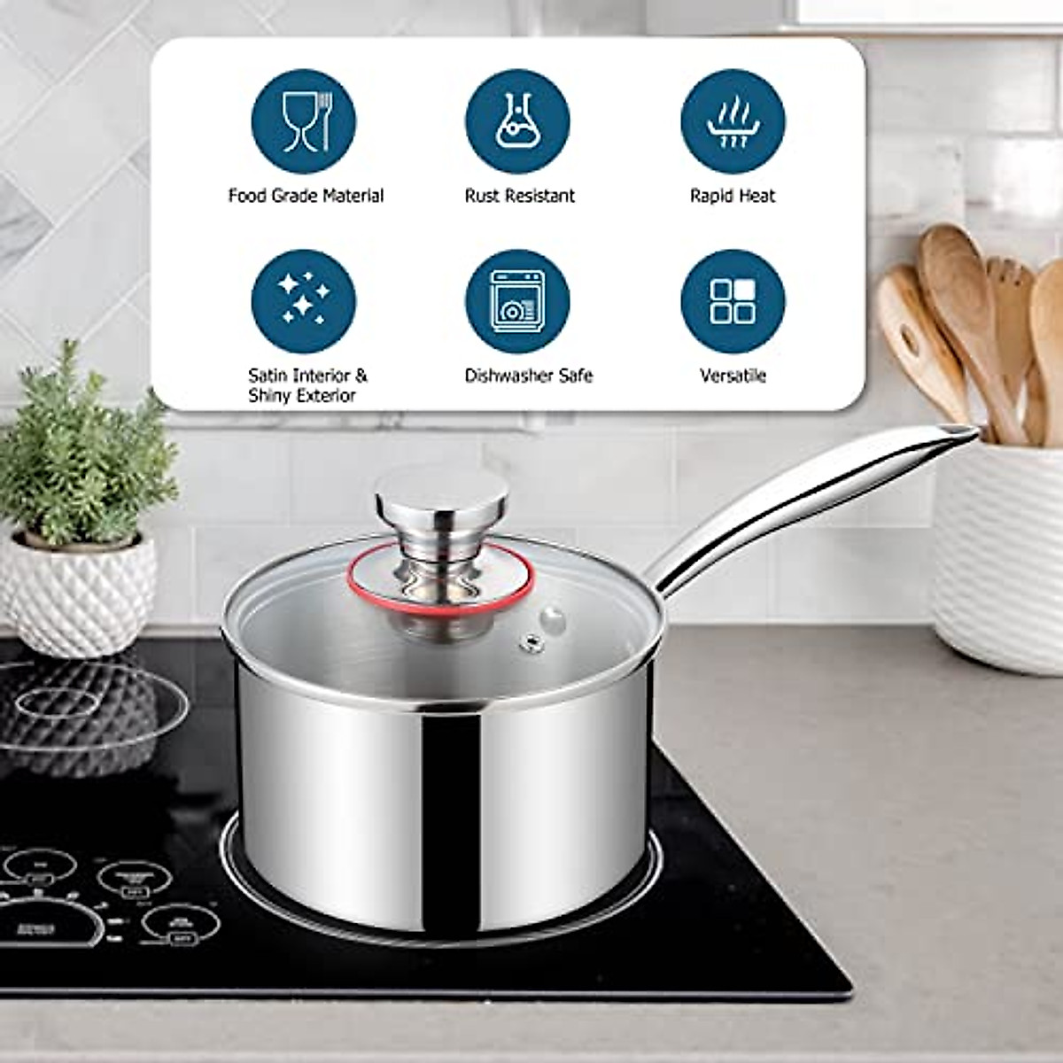 Homikit 2 Quart Saucepan with Lid, Tri-Ply Stainless Steel Sauce Pan, Kitchen Induction Cooking Pot with Ergonomic Handle, Small Pan for Making Sauce, Warming Milk, Boiling Eggs, Dishwasher Safe