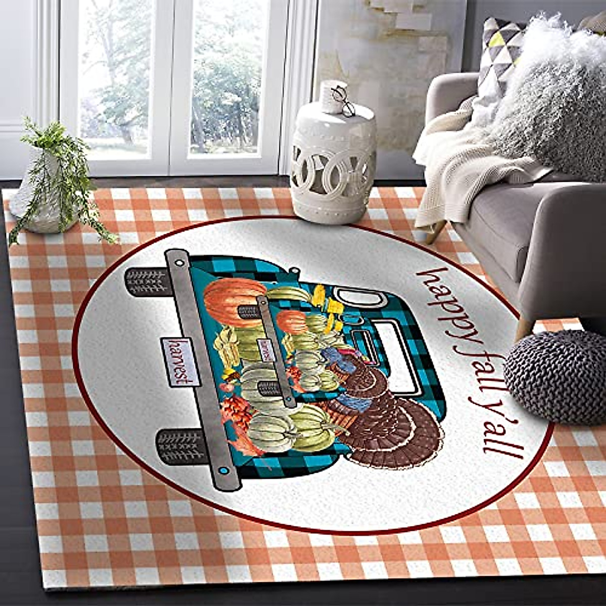 Indoor Area Rugs Thanksgiving Turkey Autumn Pumpkin Truck Non-Slip Floor Mats Orange Grid Rectangular Carpet Soft Washable Rugs for Living Room/Bedroom/Hallway Home Decor - 4x6 Feet