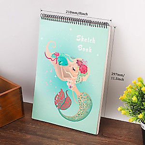 Sketch Book, 100 Pages (50 Sheets), Spiral Bound Artist Sketch Pad, Acid Free Drawing Paper for Drawing, Painting, Sketching or Doodling, Mermaid Cover for Girls