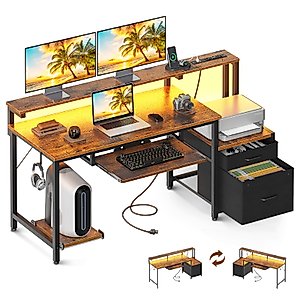 AODK 55" Computer Desk with Fabric File Cabinet and Drawer, Reversible Office Desk with Power Outlet and LED Light, Study Desk with Printer Stand, Keyboard Tray, Monitor Riser and PC Stand, Vintage