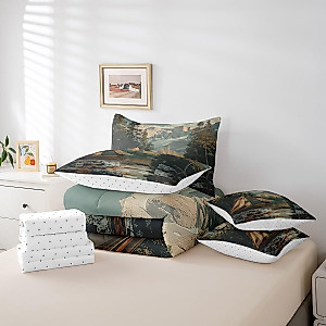 Erosebridal 7 Piece Tent Camping Bedding Set Queen for Kids Adults,Rv Camper Comforter Set with Sheets for Travel Trailer Accessories,Woodland Mountain River Bed in a Bag with Pillowcases & Shams