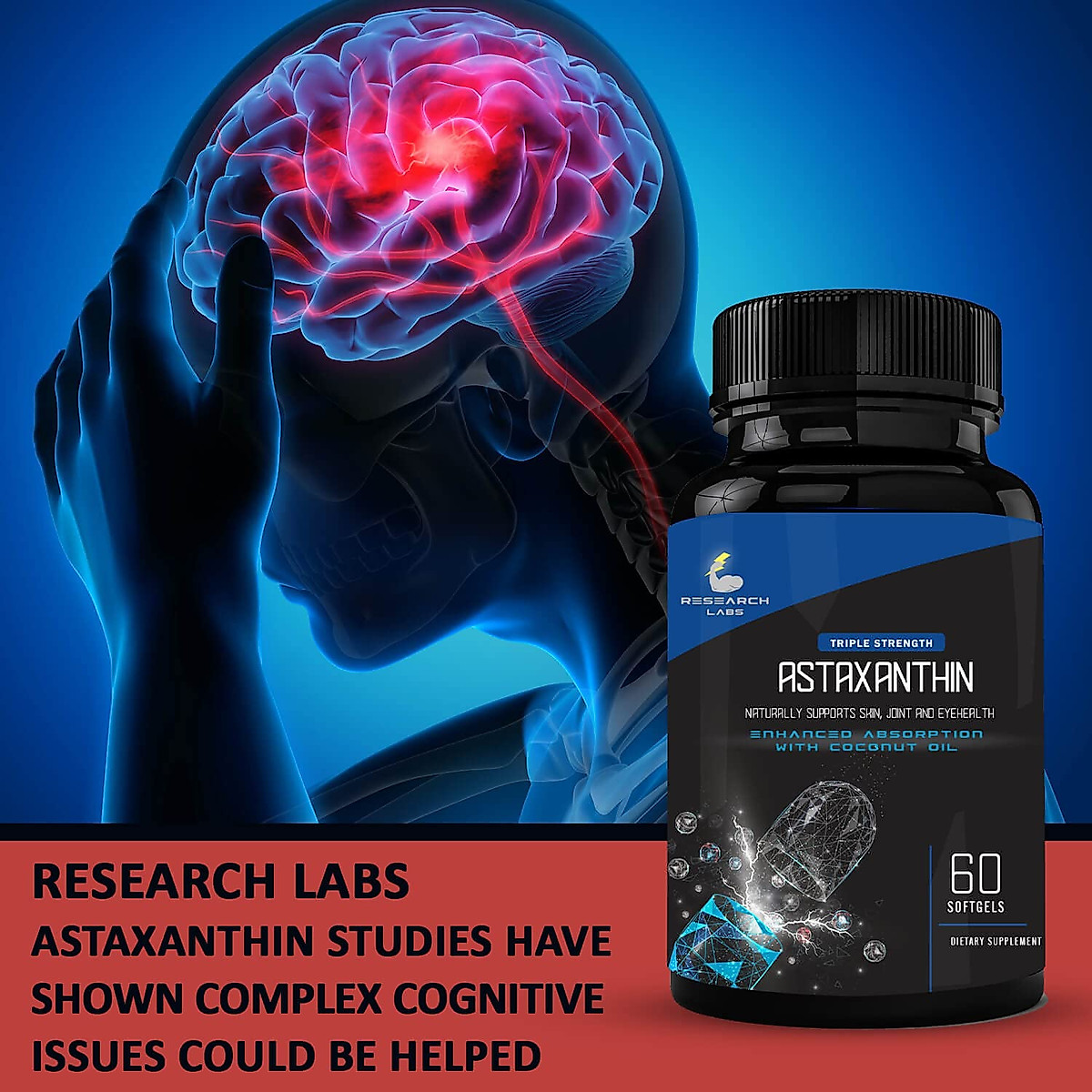 Research Labs Triple Strength Natural Astaxanthin 12mg Softgels + Extra Bottle Organic Coconut Oil for Enhanced Absorption Powerful Antioxidant Supports Eye Joint & Heart Health 120 Total Softgels