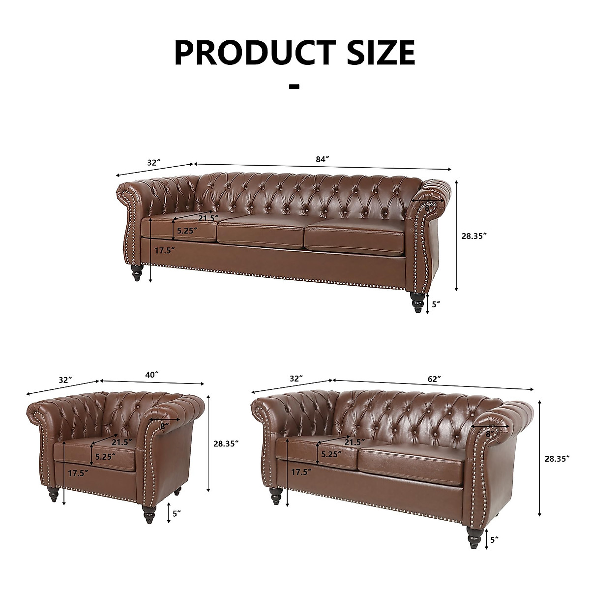 RARZOE 3 Pieces Living Room Furniture Sofa Sets,Modern Faux Leather Chesterfield Sofa&Chesterfield Club Chair&Chesterfield Loveseat Sofas Set with Nailhead Trim Scroll Arms for Living Room,Dark Brown