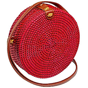 Handwoven Red Round Rattan Tote Crossbody Beach Style Circle Bag Wicker Purse