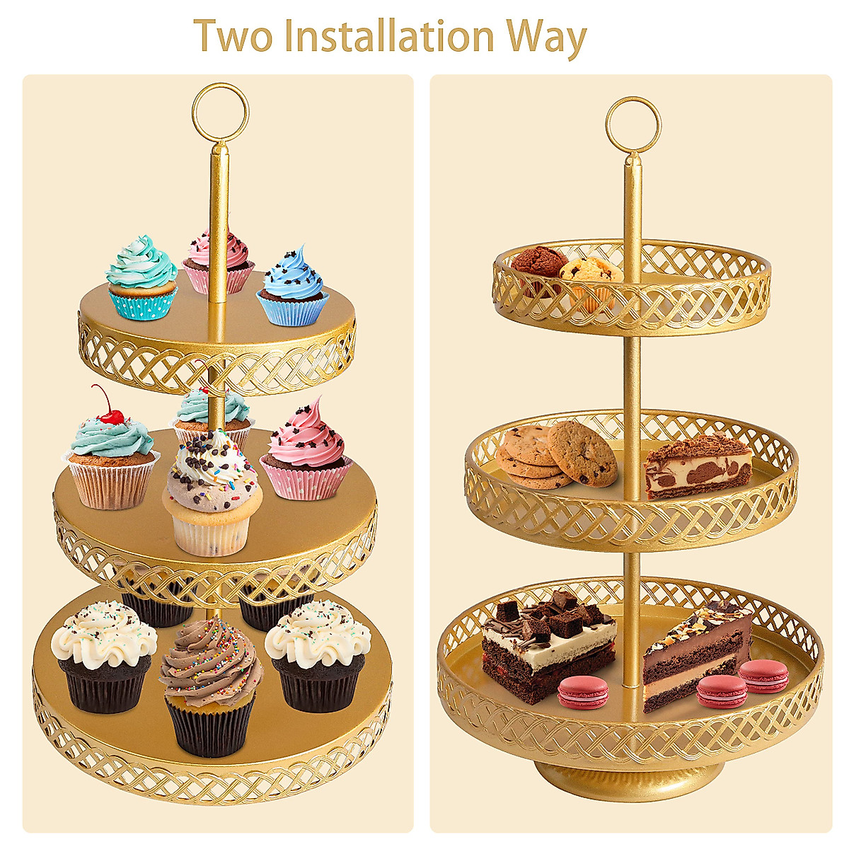 weharnar Cupcake Stand - 3 Tier Metal Cupcake Tower - Dessert Table Display Set Round Cake Holder Tiered Serving Tray for Cup Cakes Desserts Fruits Candy Cookie Buffet, Gold