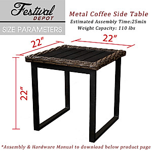Festival Depot 22” Patio Side Table Metal Bistro Table with Wicker Edge and Slatted Steel Top All Weather Outdoor Furniture for Porch Deck (Square)