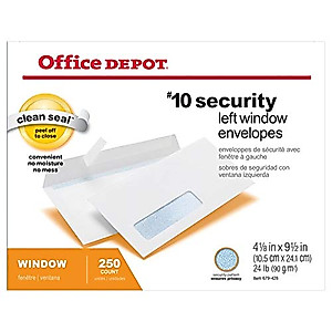 Office Depot Clean Seal(TM) Security Window Envelopes, 10 (4 1/8in. x 9 1/2in.), White, Pack Of 250, 77292