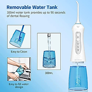 TUREWELL FC1592 Water Dental Flosser Cordless with Powerful Battery, Oral Irrigator for Teeth Cleaner, 3 Modes and 4 Jet Tips, IPX7 Waterproof,300ML Detachable Water Tank for Home and Travel (White)