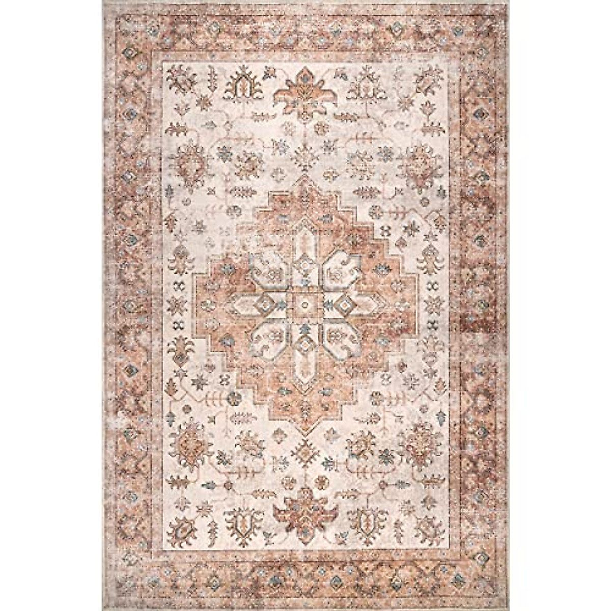 nuLOOM Dawson Machine Washable Distressed Medallion Ultra Thin Area Rug, 8' x 10', Peach