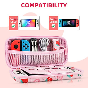 FANPL Carrying Case for Nintendo Switch and Switch OLED Accessories, Pink Strawberry Travel Case Bundle with Adjustable Shoulder Strap, Thumb Grips, Hard Switch Protective Case Cover Anti-scratch