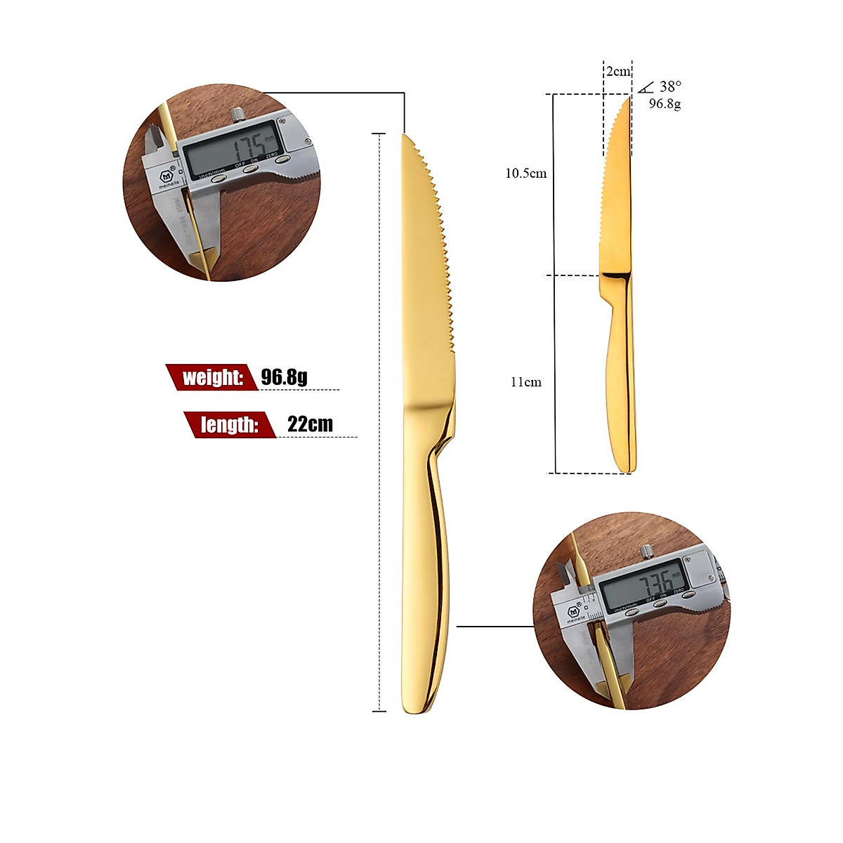 Steak Knife Set, 4-Piece Serrated Steak Cutlery Steak Knife, Gold Stainless Steel Steak Cutlery Knife for Home, Restaurant, Hotel, 22cm