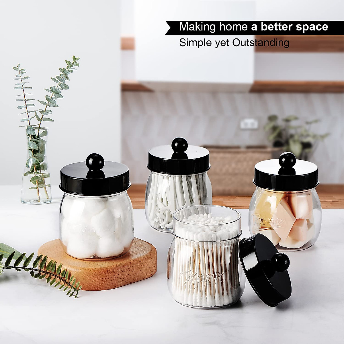 Farmhouse Decor Apothecary Jar Set,Mason Jar Bathroom Vanity Storage Organizer Canister - Qtip Holder Plastic Acrylic Jar for Cotton Swabs,Cotton Pads,Floss Picks,Paper Clips,Hair Clips(4 Pack,Black)