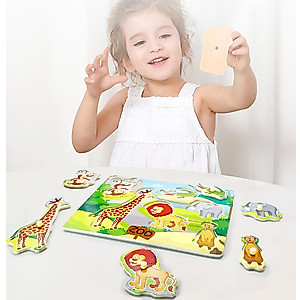 Wooden Peg Baby Puzzles, Full-Color Pictures Animal Shape Chunky Puzzle, Jumbo Knob Zoo Puzzle for Toddlers 18 Months and Up, 6Pieces