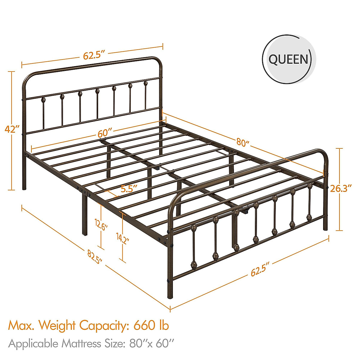 Topeakmart Queen Size Victorian Style Metal Bed Frame with Headboard/Mattress Foundation/No Box Spring Needed/Under Bed Storage/Strong Slat Support Bronze