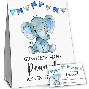 Yuzioey Blue Elephant Guess How Many Peanuts, Elephant Baby Shower Game, 50 Cards and Matching Standing Sign, Boy Elephant Baby Shower Decorations