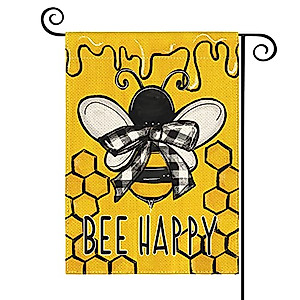 AVOIN colorlife Bee Happy Summer Honey Garden Flag 12x18 Inch Double Sided Outside, Burlap Seasonal Yard Outdoor Decoration