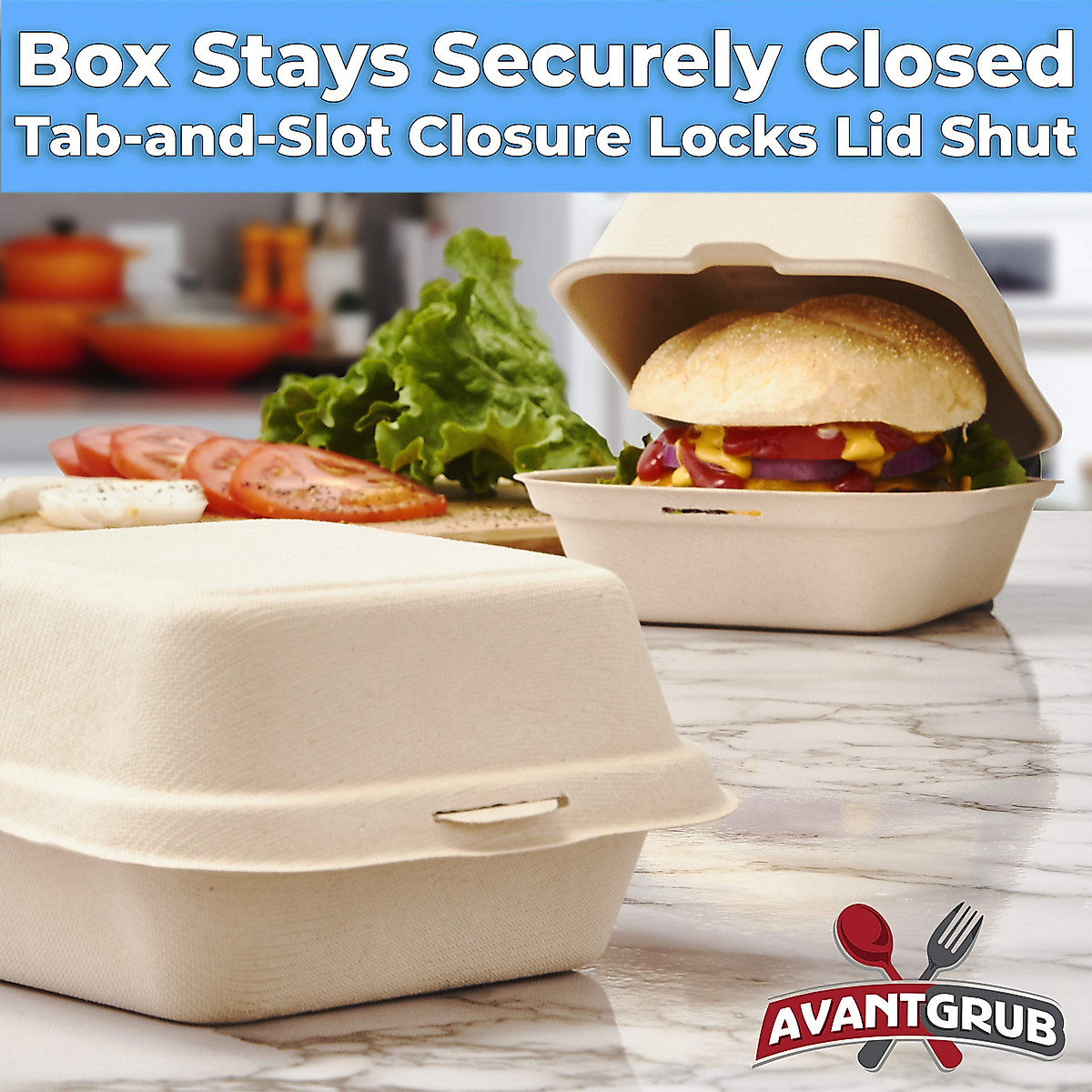 Avant Grub Durable, Grease-Proof 6x6 Clamshell Small To Go Box 100pk. Disposable, Leak-Proof and Microwavable Take Out Food Container With Hinged Lid. Great for Parties, Restaurants and Food Trucks!