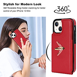 Folosu Compatible with iPhone 13 Mini Case Wallet with Card Holder, 360°Rotation Finger Ring Holder Kickstand Protective RFID Blocking PU Leather Double Buttons Flip Shockproof Cover 5.4 Inch Red