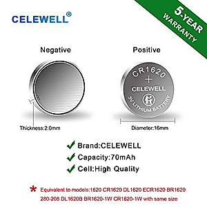CELEWELL CR1620 5 Pack for Key Fob Tracker 70mAh 3V Lithium Battery 【5-Year Warranty】