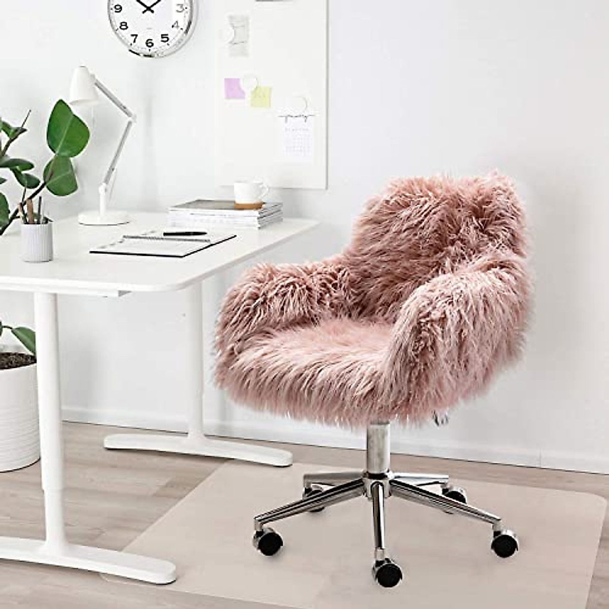 SSLine Desk Chair Faux Fur Task Chair,Modern Cute Accent Armchair Office Chair,Comfy Fuzzy Swivel Makeup Stool Desk Chair with Wheels for Living Room/Bedroom/Dressing Room,Pink