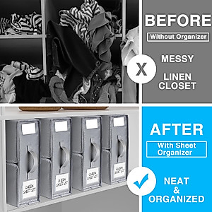 BIKTIC SheetCube Bed Sheet Organizers and Storage,4 Pack Sheet Folder Organizer (Queen or King Size), Linen Closet Organizer for Bedding Sheets,Duvet Covers and Pillow cases,Grey