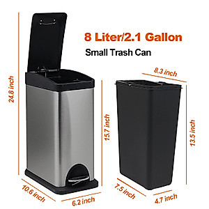 Hompus 2.1Gal/8L Stainless Steel Trash Can with Lid Soft Close, Removable Inner Waste Basket, Slim Small Garbage Can for Bathroom Bedroom Office, Rectangular Step Trash Bin, Anti-Fingerprint Finish