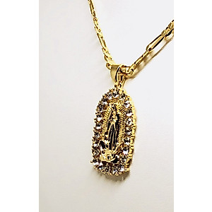 Gold Plated Virgin Mary Pendant Necklace Figaro 26" Virgen de Guadalupe Medalla Oro Laminado