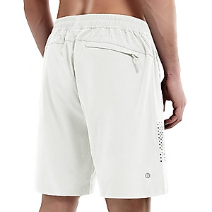 HIFEOS Mens Athletic Shorts -Running, Tennis Gym Workout Shorts for Men 5"/7"/9"- Comfort, Lightweight, 3 Zippered Pockets White