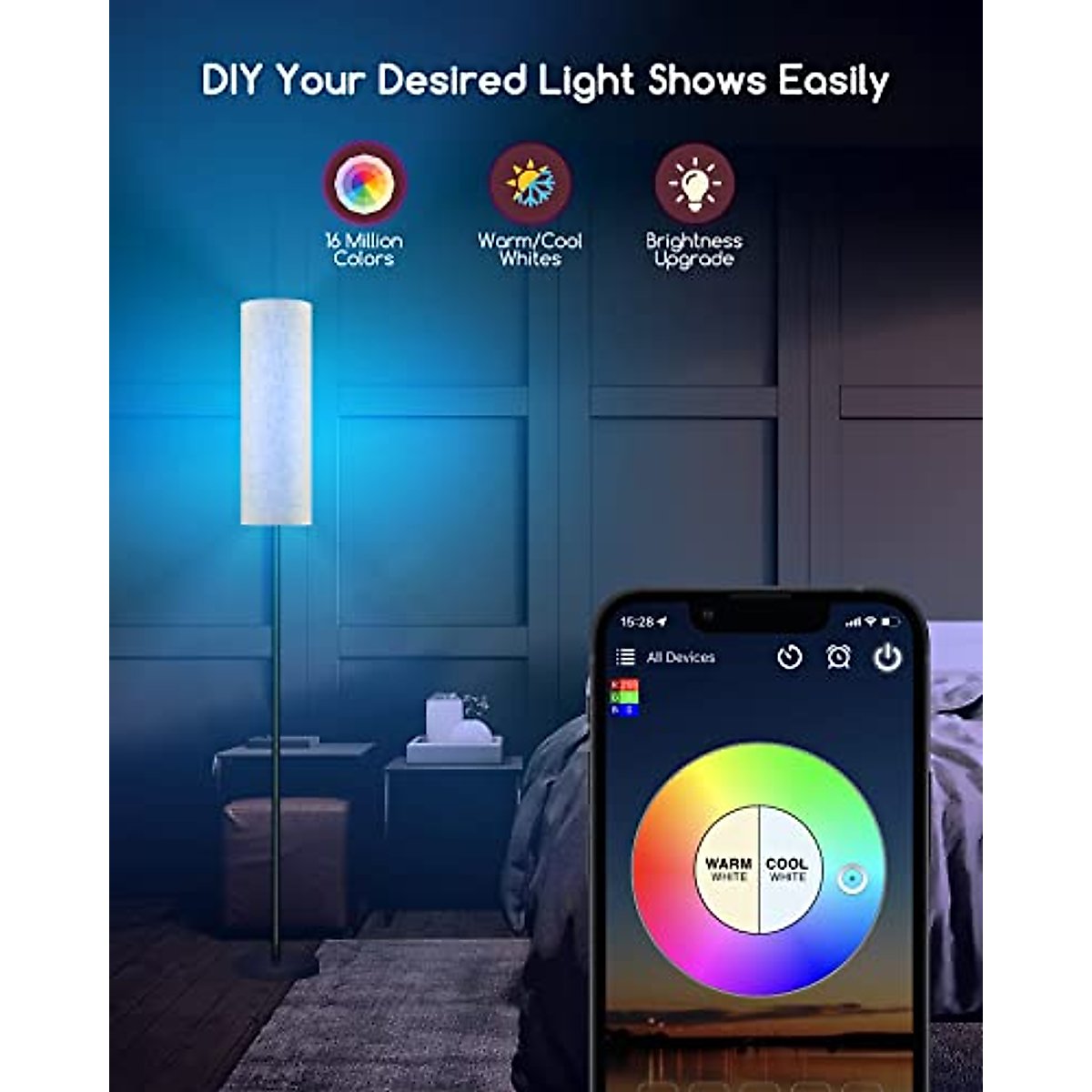 RGBWW Smart LED Floor Lamp for Living Room, Compatible with Alexa, Google Home, 69" Tall Modern Standing Lamp for Bedroom with Remote & WiFi APP Control, 2700k-6500k Corner Lamp with Linen Lampshade