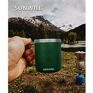 SUNWILL Coffee Mug with Handle, 14oz Insulated Stainless Steel Reusable Coffee Cup, Double Wall Coffee Travel Mug, Powder Coated Forest Green