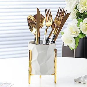 YOSCO Kitchen Utensil Holder,Ceramic Silverware Holder,Flatware Organizers with Golden Metal Frame for Home, Kitchen,Restaurant,Countertop (White)