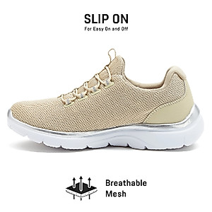 Avia Junction Women’s Slip On Sneakers - Comfortable, Breathable No Laces Shoes for Women with Memory Foam - Tan/Silver Grey, 6.5 Medium